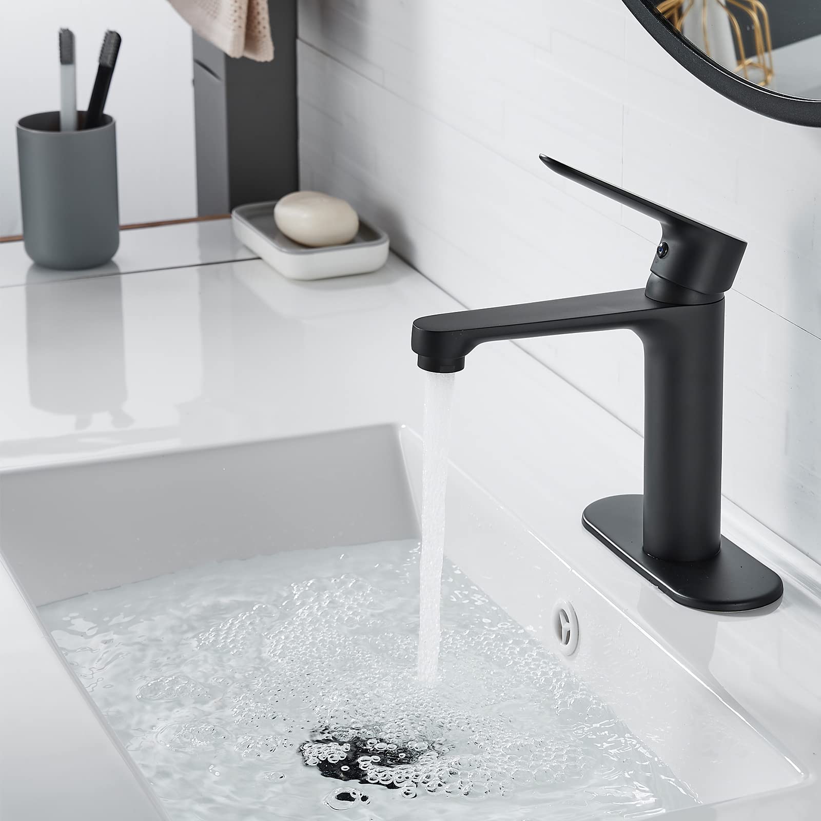 NICTIE Black Bathroom Faucet Single Handle Bathroom Sink Faucet Matte Black Single Hole Basin Vanity Faucet Modern One Hole RV Bathroom Faucet with Pop-up Drain Suitable for 1 Hole or 3 Hole (Black)
