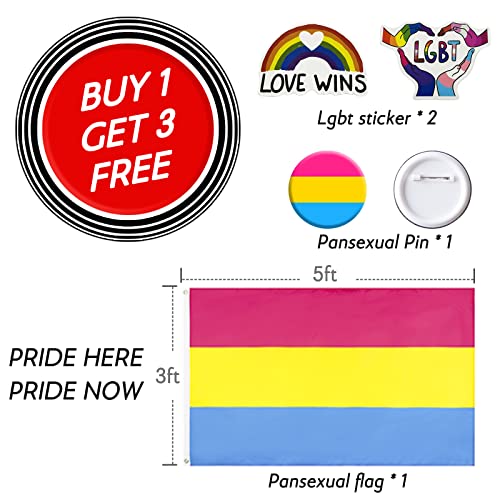 Pansexual Flag - Lgbtq Pride Stuff for Wall, Four Rows of Stitching, with 1pc Pansexual Pin and 2pcs Random Rainbow Stickers, for Lgbtq Parade and Daily Use, 3x5 Ft