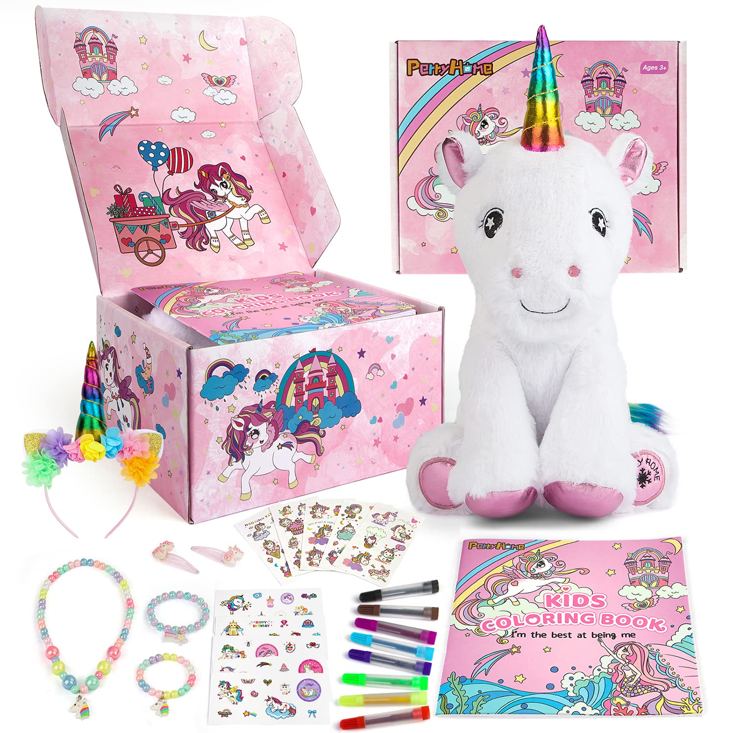 PERRYHOME Unicorn Gifts for Girls 26 Pcs Surprise Box with Unicorn Plush, DIY Coloring Book and Markers, Unicorn Necklace & Jewelry, Unicorn Themed Toy Birthday Gift for 3-12 (White Plush Set)