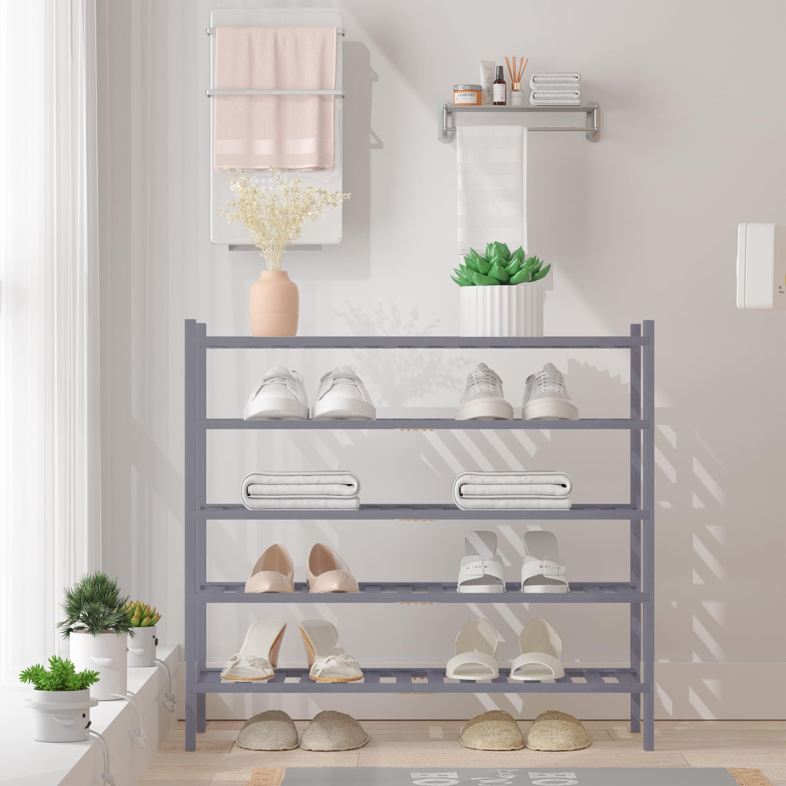 RONGJIA 5-Tier Natural Bamboo Shoe Rack - Stackable Storage Shelf with Multi-Function Combinations - Free Standing Shoe Racks for Convenient Shoe Organization(Gray) 11" D x 27" W x 35" H