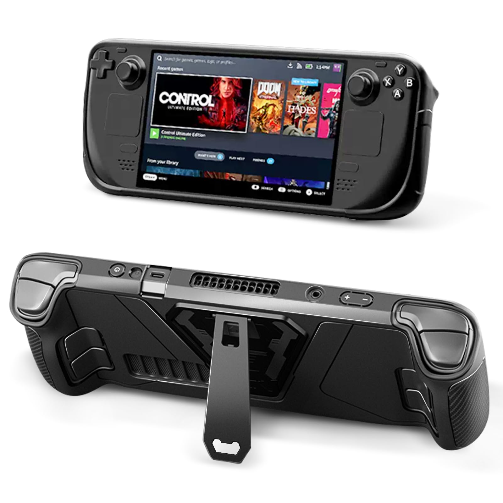 MOJOXR Metal Kickstand Protective Case for Steam Deck-Accurate Cutouts TPU Cover with Stable Stand, Great Case Accessories Fit for Official Carrying Case,Enhanced Comfort and Protection (Black)