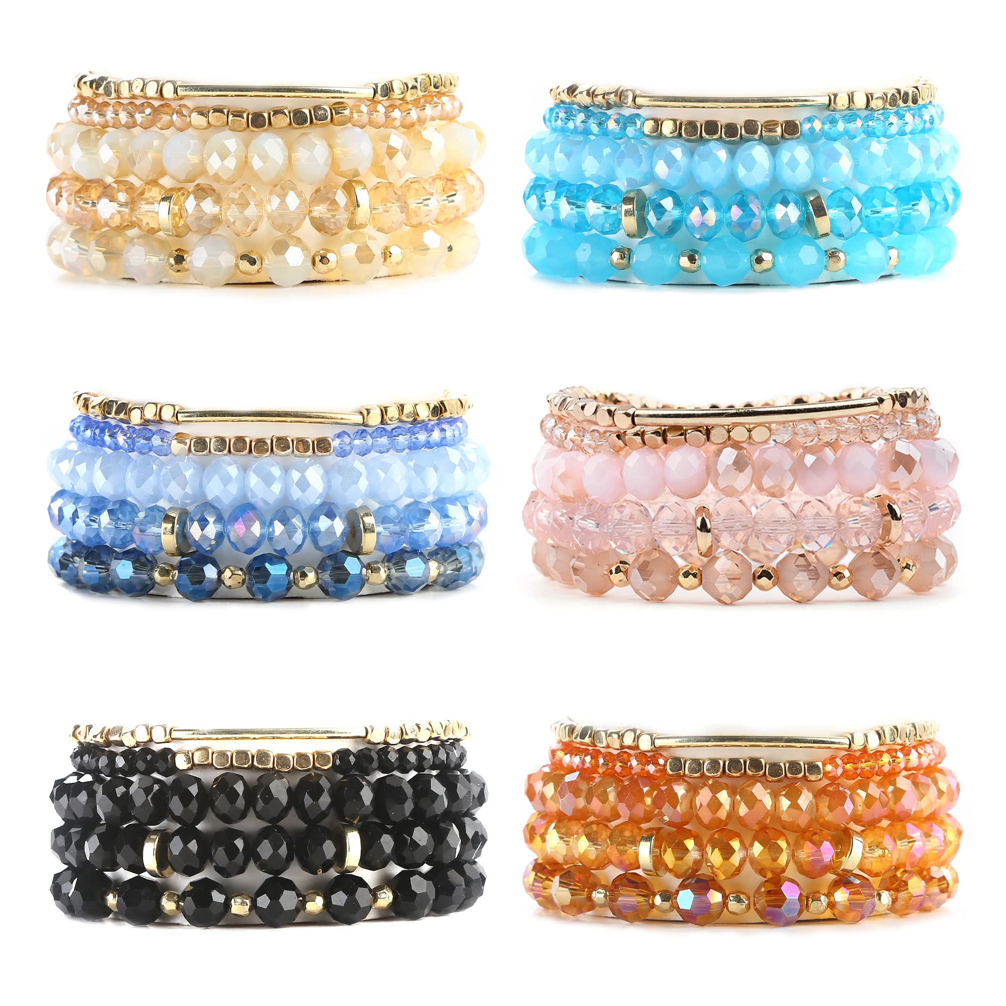JEWPARK 6 Pack Stackable Crystal Bohemian Beaded Bracelets for women Multi-layer Stacking Versatile Strand Stretch Sparkly Crystal Beads Bracelets Set