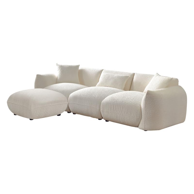 Nolohoo Sectional Sofa Cloud Couch, 102" Upholstered Boucle L-Shaped Deep Couch for Living Room, Comfy 4-Seat Overstuffed Couch with Movable Ottoman Pillows for Apartment (Cream, Boucle)