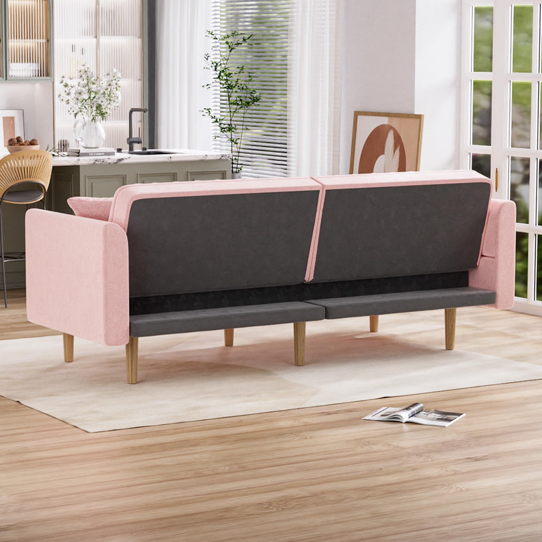 Nolohoo Velvet Futon Sofa Bed, Futon Couch, Small Sofa 75.3" Upholstered Comfy Loveseat Sleeper Sofa with Adjustable Armrests, Mid Century Couches for Living Room, Bedroom, Pink, Velvet