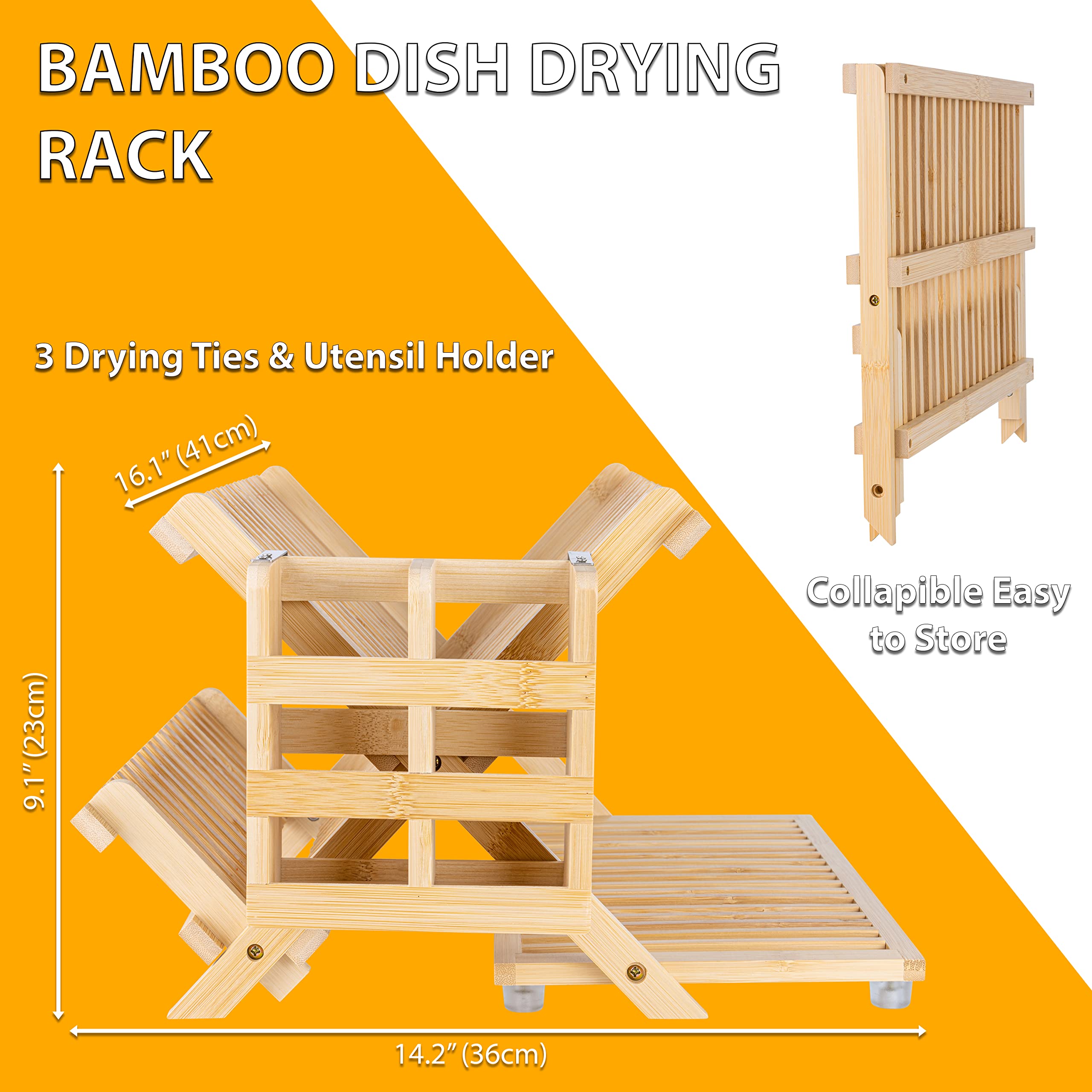 JOEY'Z Bamboo Dish Rack, Collapsible Dish Drying Rack for Kitchen Counter 3 Tier Kitchen Drying Rack (Dishrack with Utensil Holder)