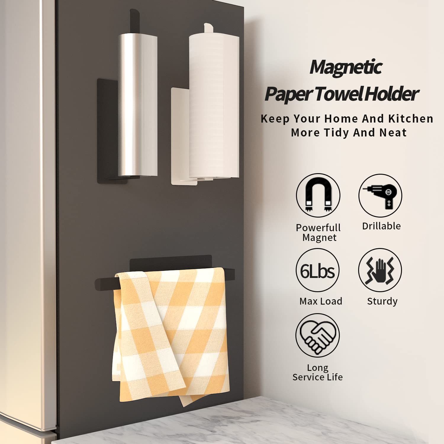 Magnetic Paper Towel Holder for Refrigerator, Kitchen Towel Rack Magnetic Towel Bar Multi Function Made of Iron,Used for Kitchen,Bathroom,No Drilling (Black, 1 Pack)
