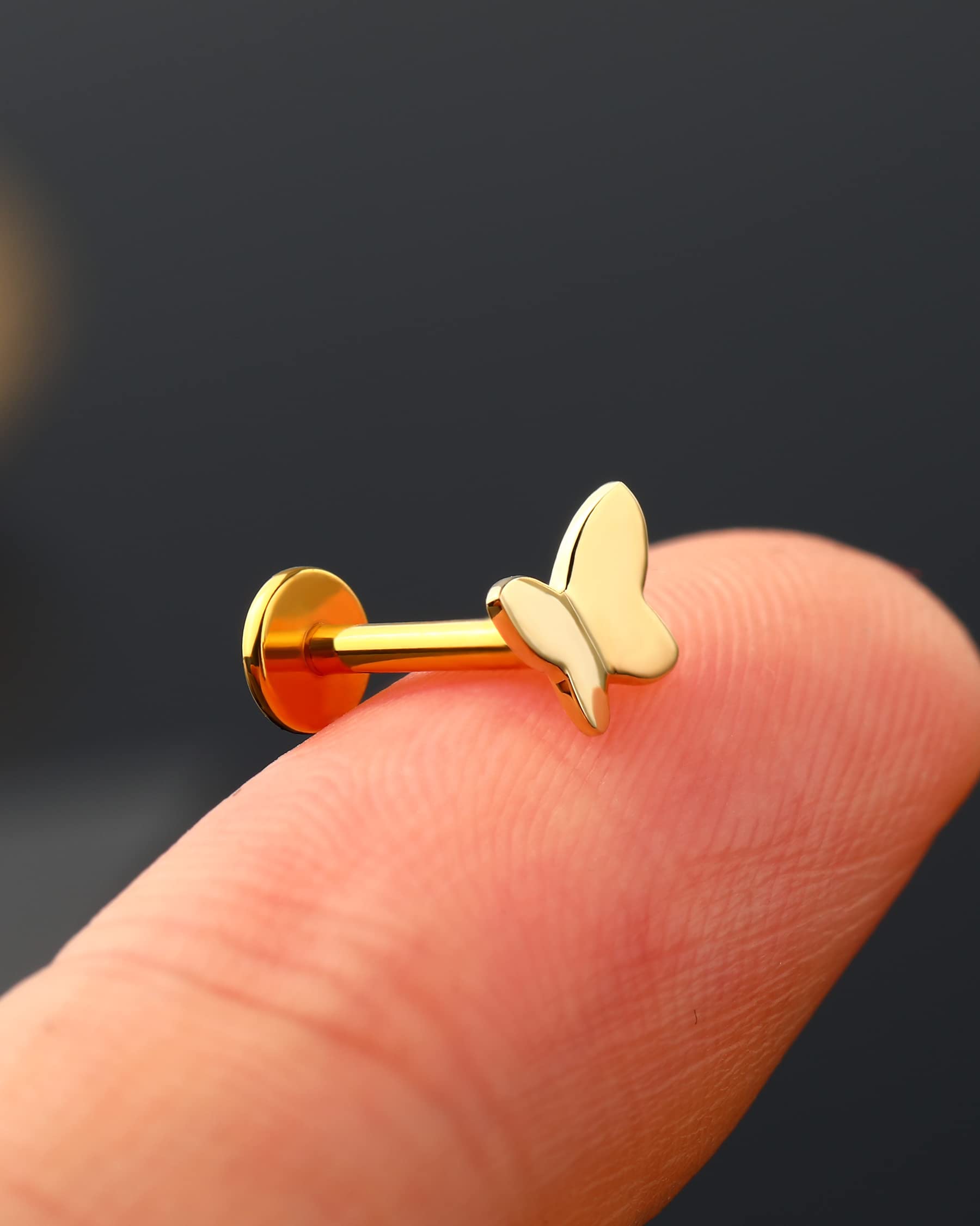 Jewseen 14K Solid Gold 16G Butterfly Top in Threadless Flat Back Studs Cartilage Earring Lip Labret Stud Helix Piercing Jewelry Nose Stud Tragus Earring Stud Earring for Women Men JTH010-T