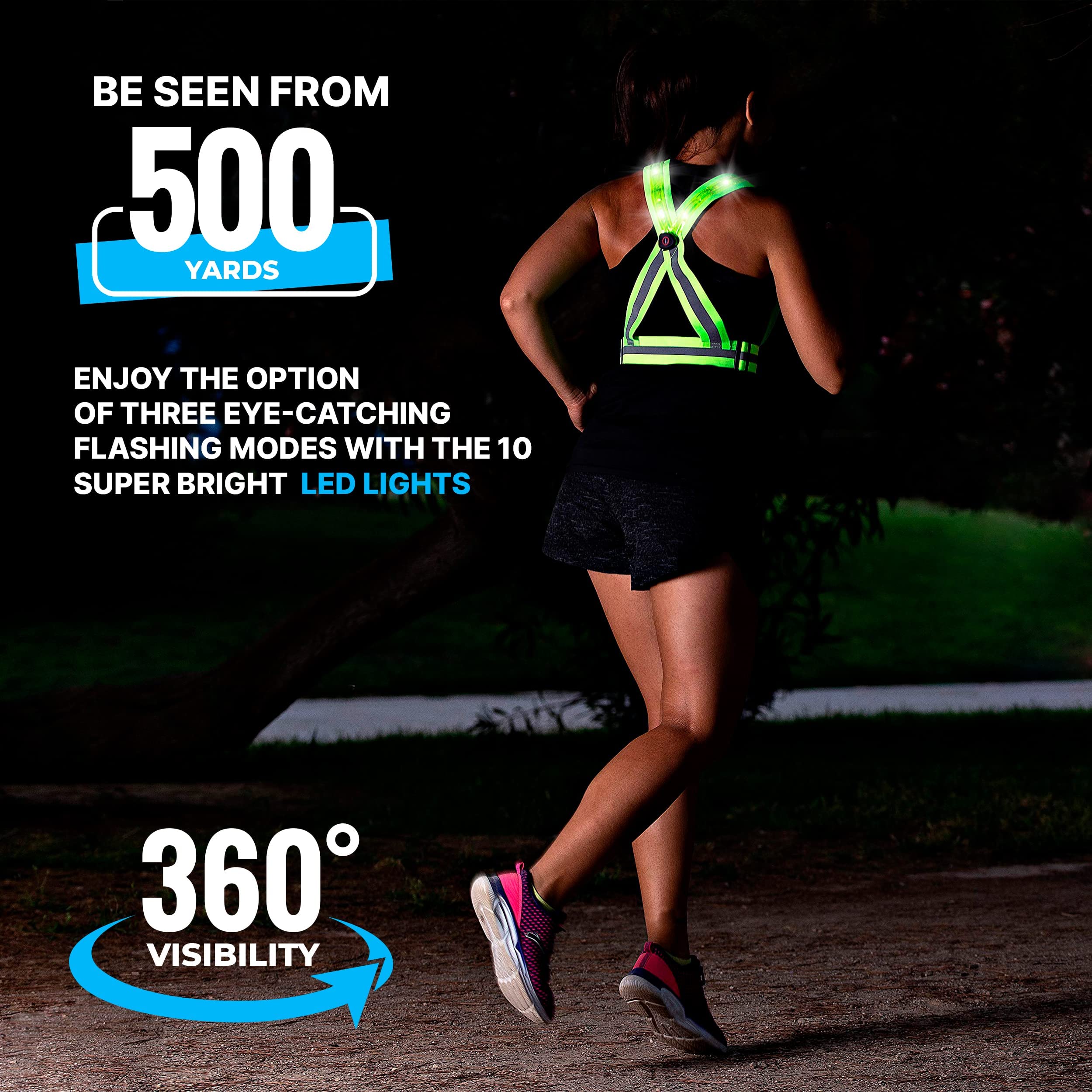 LED Reflective Vest for Running or Cycling USB Rechargeable, High Visibility Safety Vest for Construction, Running Lights for Runners, Motorcycle Vest, Adjustable Reflective Running Gear (Neon Green)