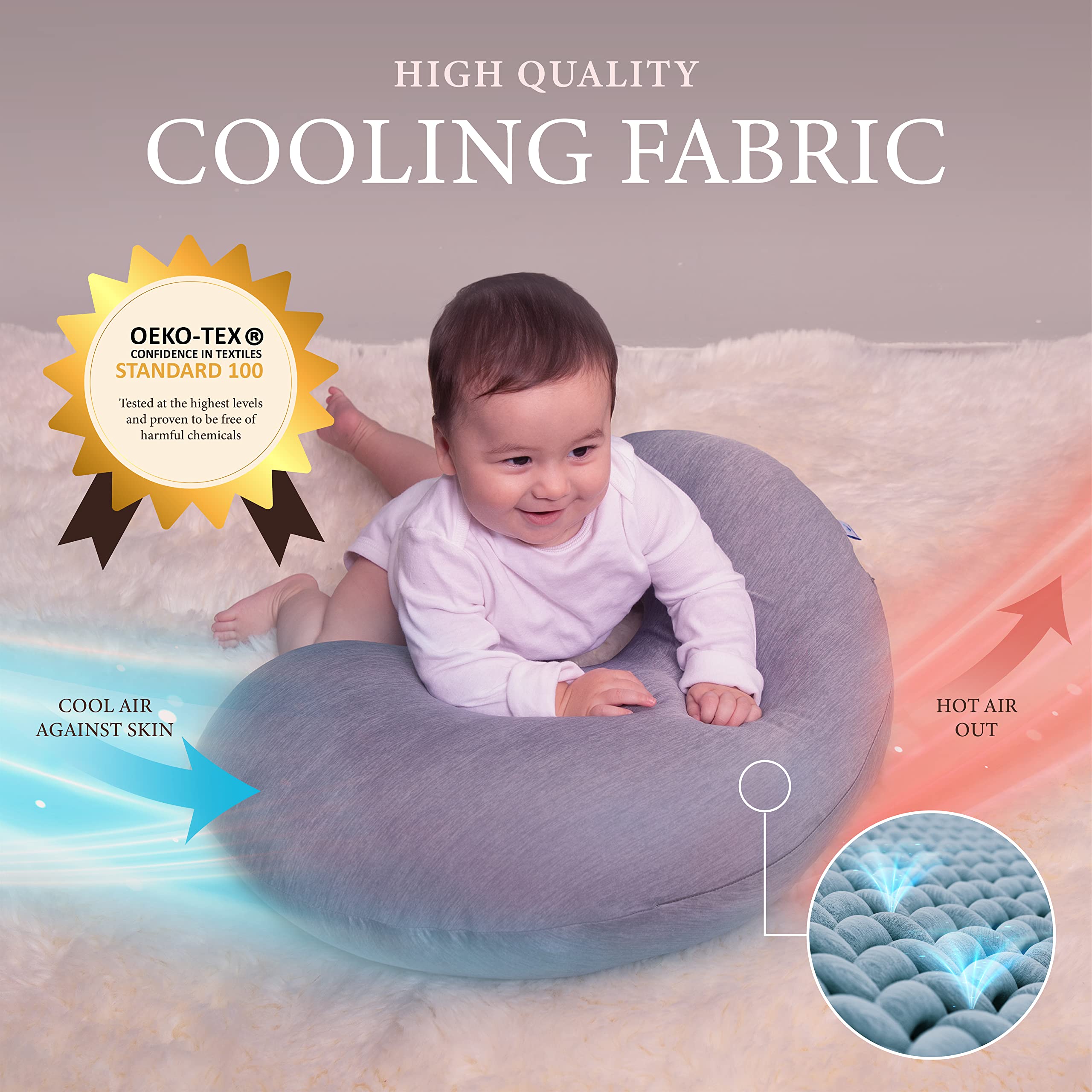 Pharmedoc Nursing Pillow for Breastfeeding – Breast Feeding Pillows for Mom - Bottle Feeding - Support for Mom and Baby - Pregnancy Maternity Pillows, Baby Shower Must Haves - Grey Cooling Cover