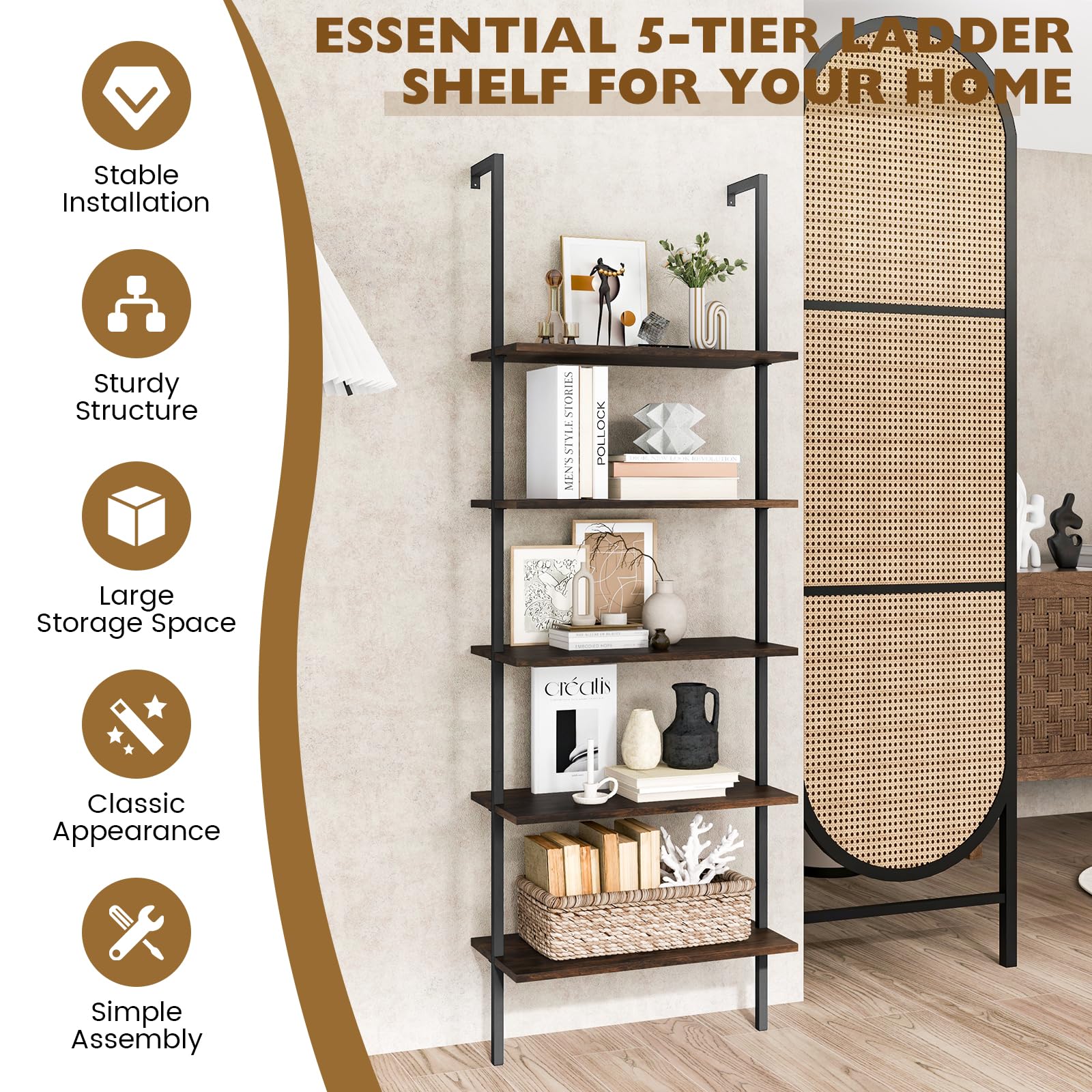 Tangkula 5-Tier Bookshelf, Modern Wall Mounted Ladder Shelf, 5 Tiers Wood Wall Open Bookcase with Metal Frame, Home Office Display Storage Shelves for Collection, Plant Flower Stand (1, Brown)
