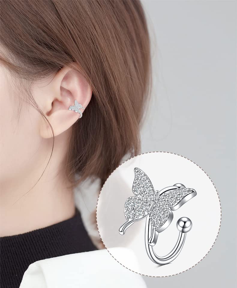 JFORYOU Ear Cuff Butterfly Flower CZ Fake Helix Cartilage Clip On Wrap Earrings Fake Lip Ring Non-Piercing Adjustable Men Women