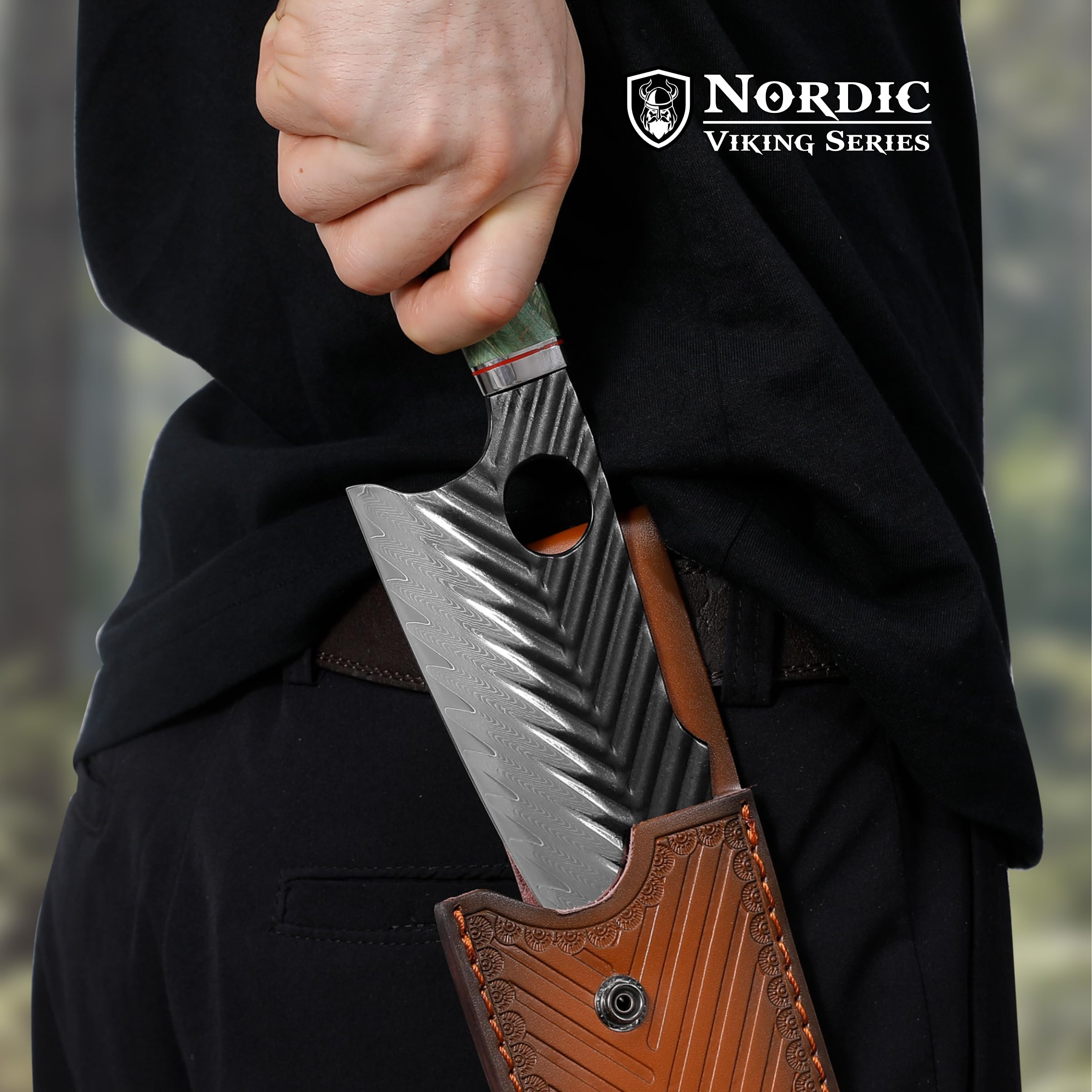 Nordic New Viking Series Professional 8 Inch Chef Knife, Damascus Chef Knife, 67 Layers, Hand Forged Chef Knife with Resin and Maple Wood Handle and Leather Sheath
