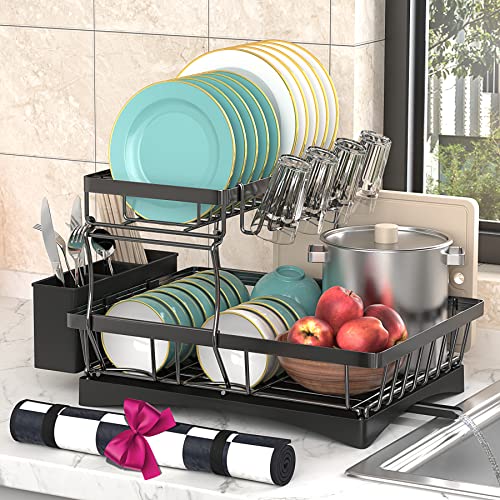 SUPPNEED Dish Drying Rack with Drainboard, 2-Tier Dish Racks for Kitchen Counter, Dish Strainers with Extra Drying Mat , Utensil Holder , Cutting Board Holder ,Wine Glass Holder, Black