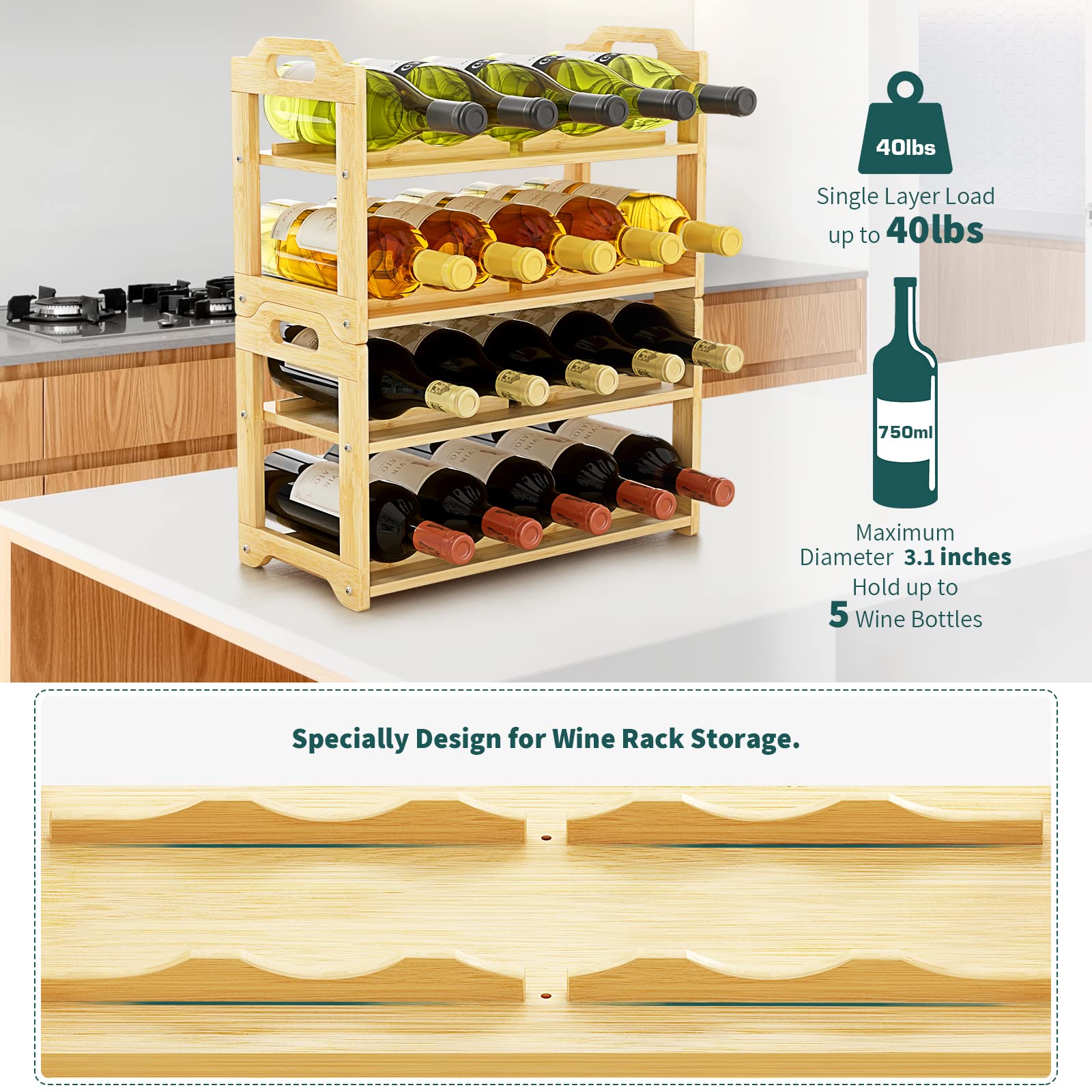 KOK KAY Water Bottle Organizer, Stackable Bamboo Water Bottle Holder, 20 Freestanding Wine Rack Storage - 4-Layer Adjustable Water Bottles Storage Organizer Rack