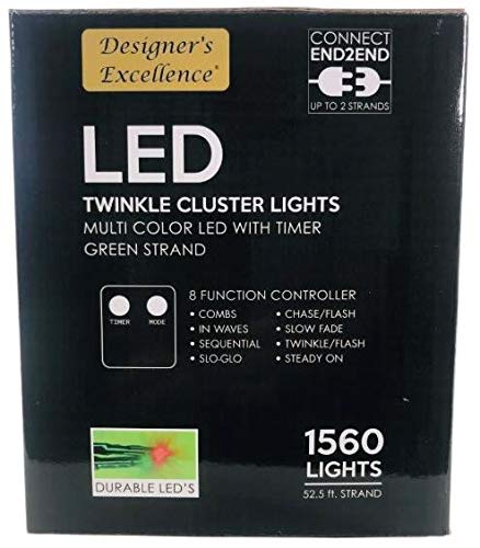 LED Twinkle Cluster Lights 52.5Ft Multi w/Green Strand Connect End to End Indoor Outdoor