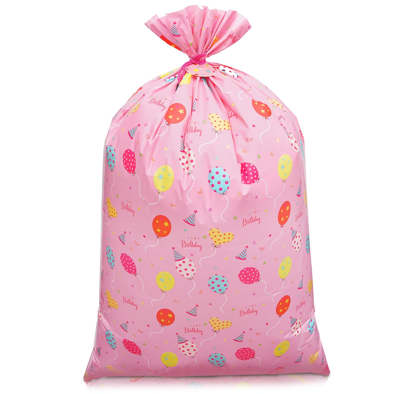 Plauthus 56” Extra Lager Birthday Gift Bag,Jumbo Gift Bag-Colored Spotted Balloons and Greeting Words, Giant Gift Bag for Girls’ Birthday, Baby Shower (Birthday-Pink)