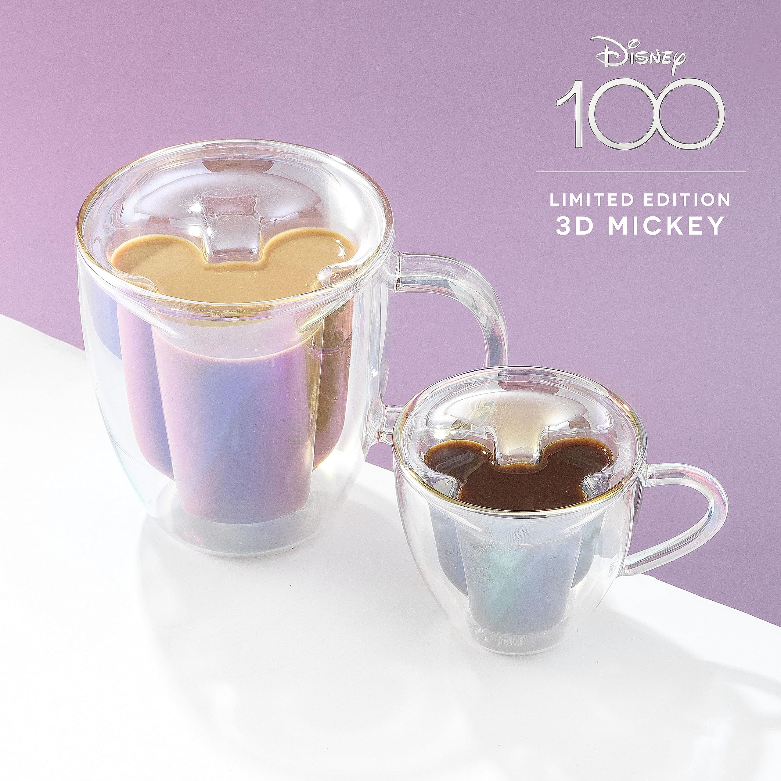 JoyJolt Disney Espresso Cups and Glasses. Disney 100 3D Mickey Mouse Coffee. 5.4oz Double Wall Glass, Insulated Coffee Mug. Iridescent Clear Coffee Cup. 100yrs Disney Merchandise, Glassware and Gifts