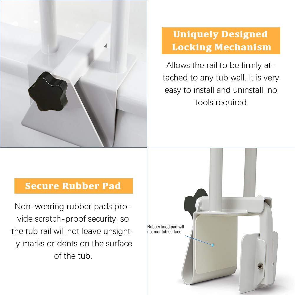 MOASKER Bathtub Safety Rail,White Bathtub Rail Clamp Railing Bath Support Adjustable Shower Hand Grip Handle Assist Grab Bar