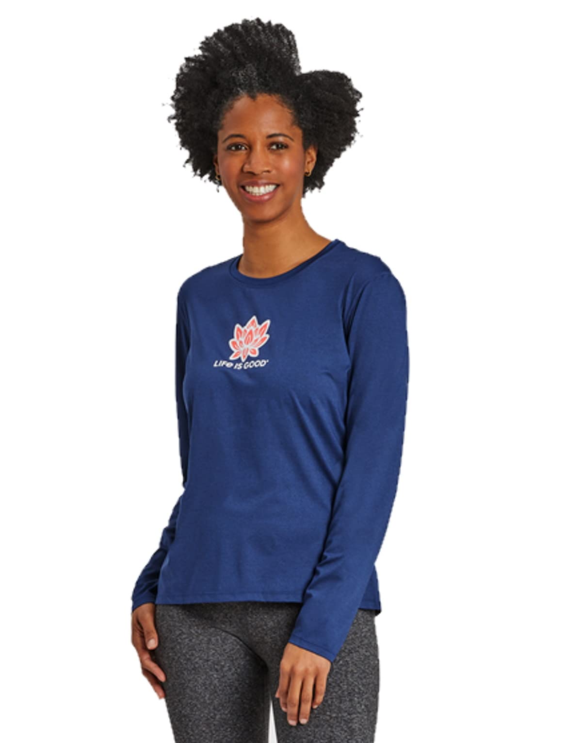 Life is Good Women's Long-Sleeve Active Tee Lotus, Size Medium, Darkest Blue