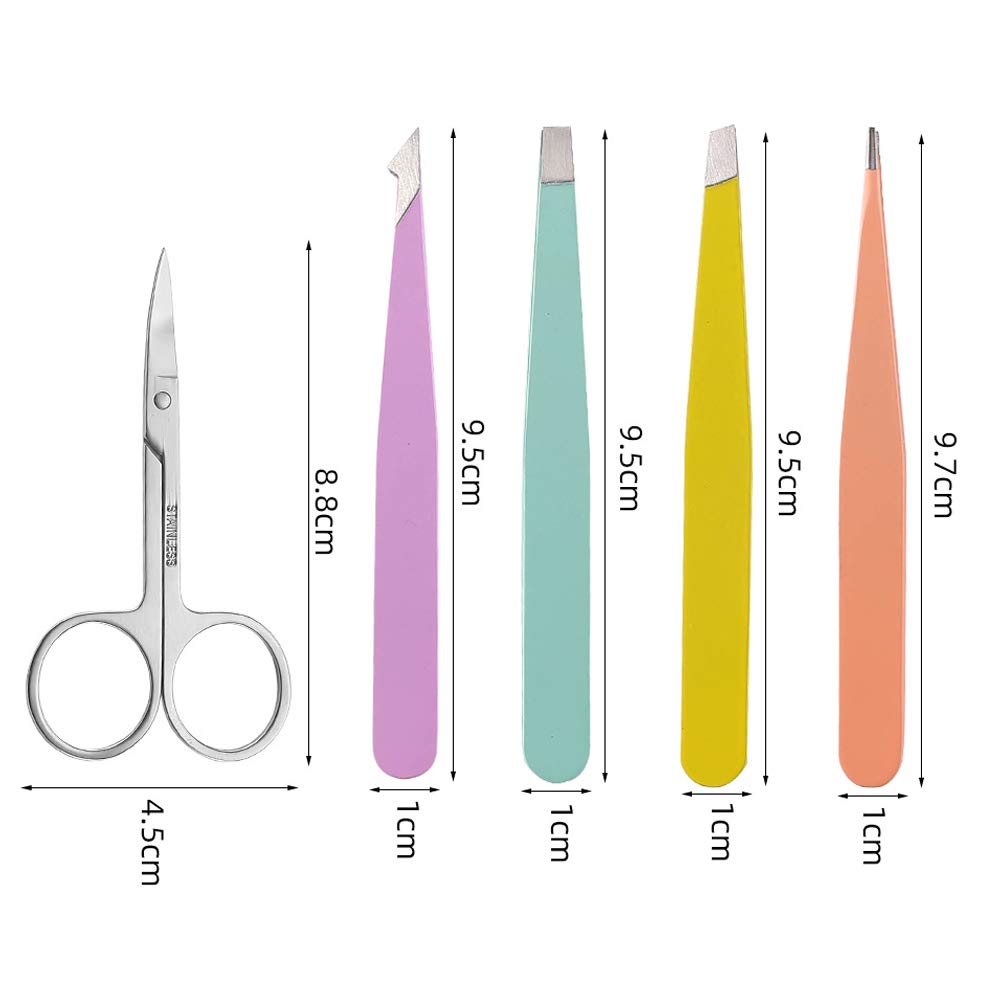 JEPOZRA Tweezers Set 5pcs-Professional Stainless Steel Tweezers with Curved Scissors, Slant, Angled and Pointed tweezers, for Eyebrows, Splinter & Ingrown Hair Removal