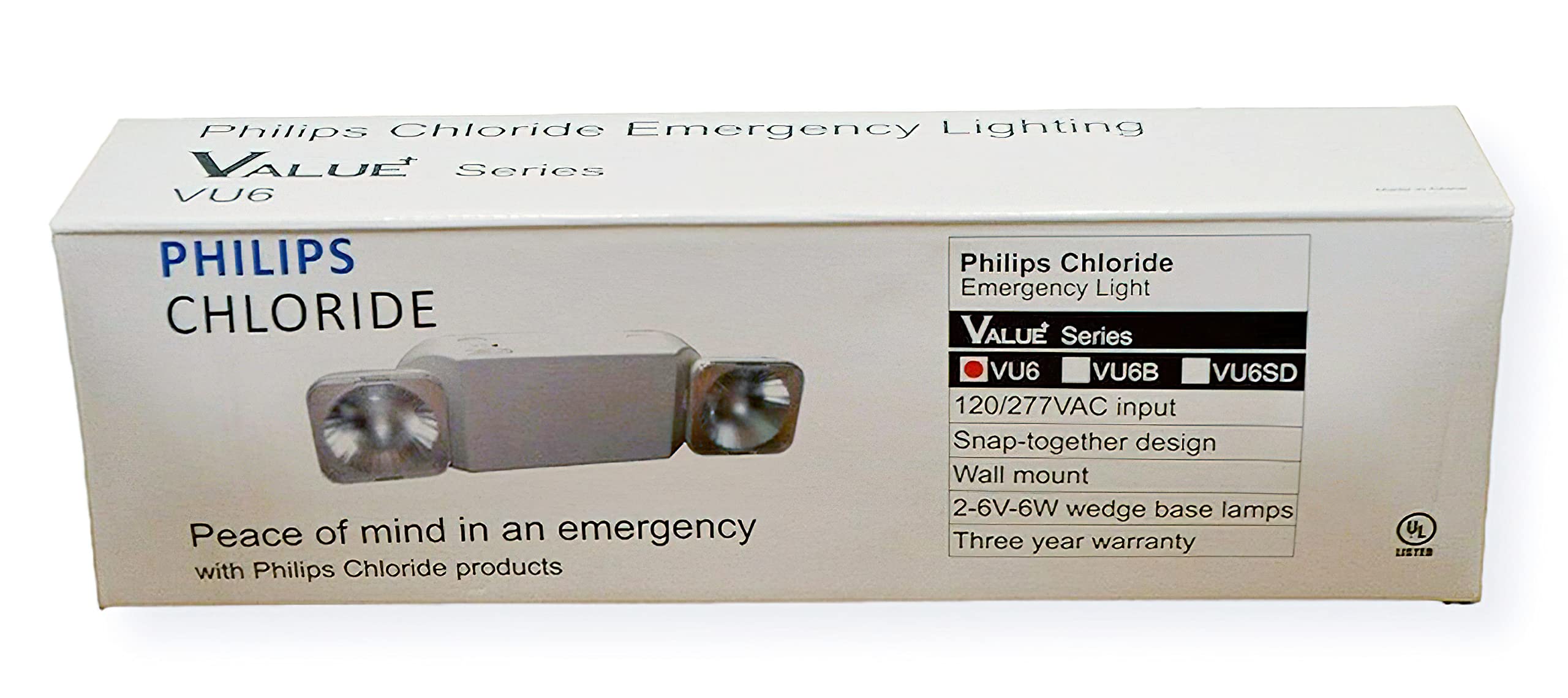 PHILIPS VU6 Dual Heads Emergency Light; 6V/6W Wedge Base Lamps; 120/277V Input; Low Voltage Disconnect, AC Lockout, and Surge Protection; Battery Backup; Solid State Circuitry; Test Switch