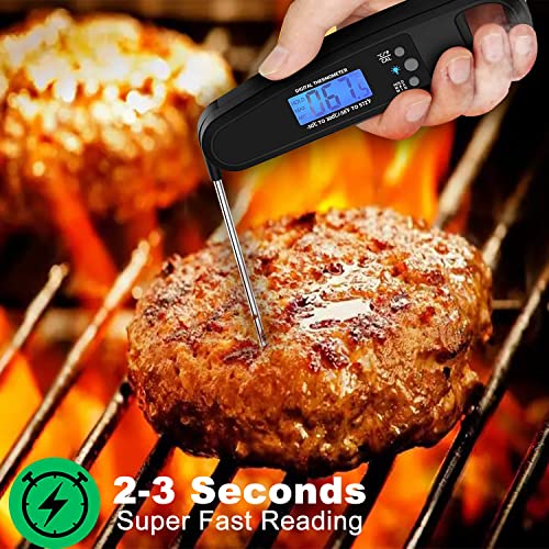 LIKEPAI Instant Read Meat Thermometer for Kitchen Cooking, Ultra Fast Precise Waterproof Digital Food Thermometer with Backlight, Magnet and Foldable Probe for Deep Fry, Outdoor BBQ, Grill(Black)