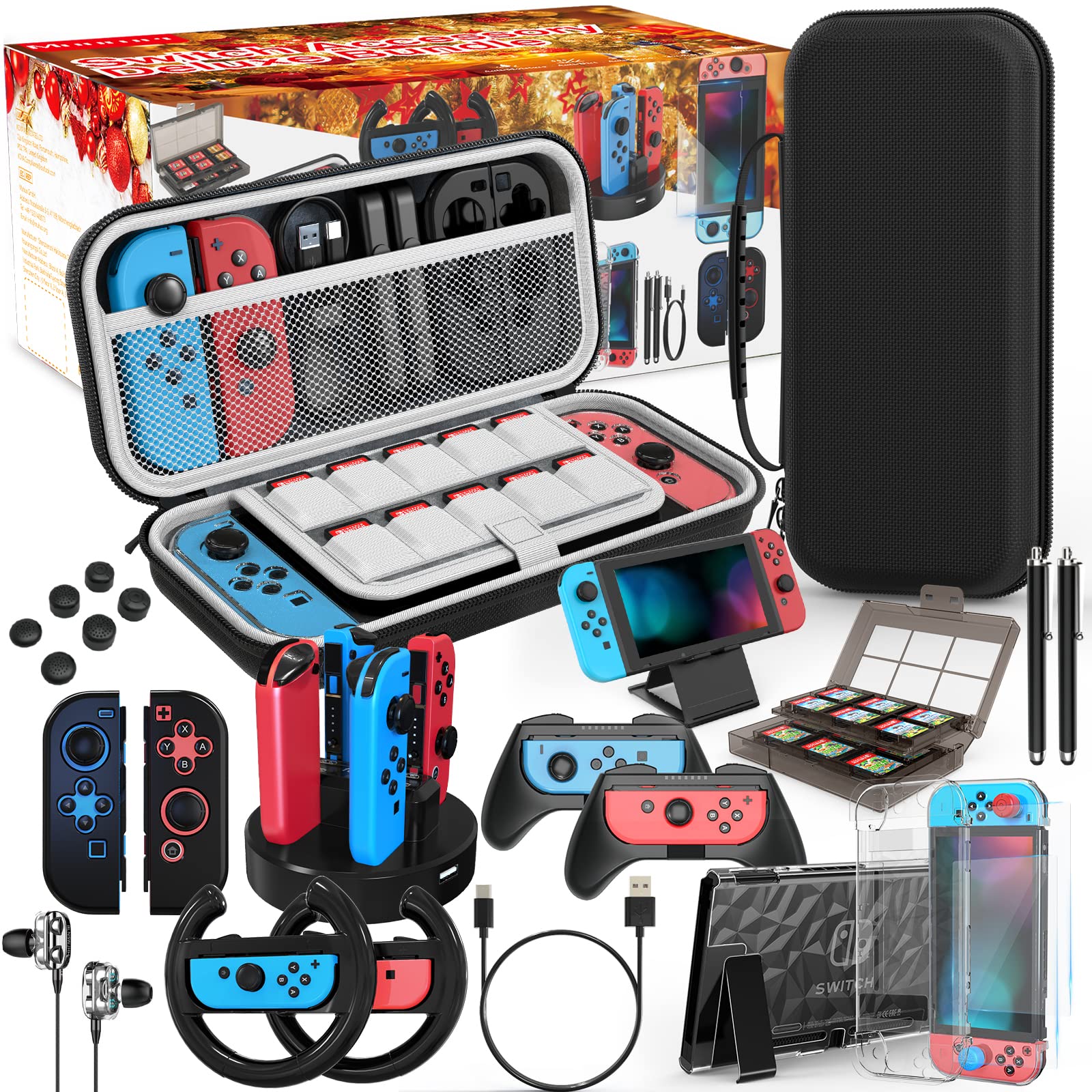 Mooroer Switch Accessories Bundle Compatible with Nintendo Switch, 27 in 1 Gift Kit with Carrying Case, Dockable Protective Case Cover, Screen Protector, Joycon Grip, Steering Wheel & More (Black)