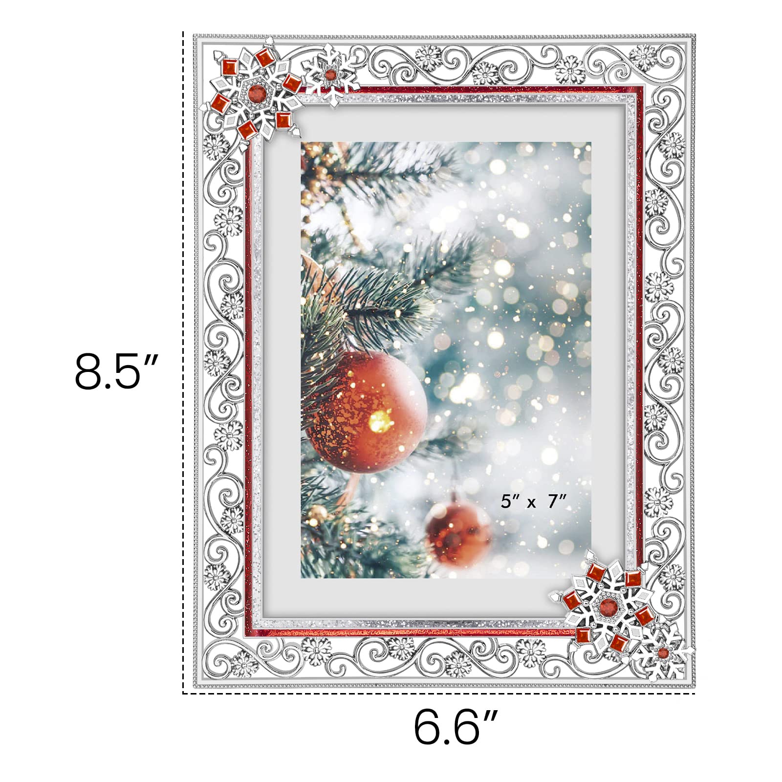 GUOER Christmas Decorations Photo Frame 5x7 Inch Snowflake Christmas Metal Photo Display Picture Frames with High Definition Glass Front Gift Ideas Tabletop Home Decorative (Red,5x7)