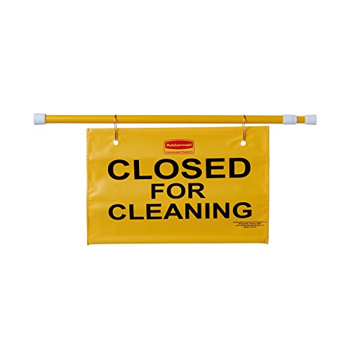 Rubbermaid Commercial Extend-to-Fit "Closed For Cleaning" Hanging Doorway Safety Sign, Yellow (FG9S1500YEL),10x2 inches