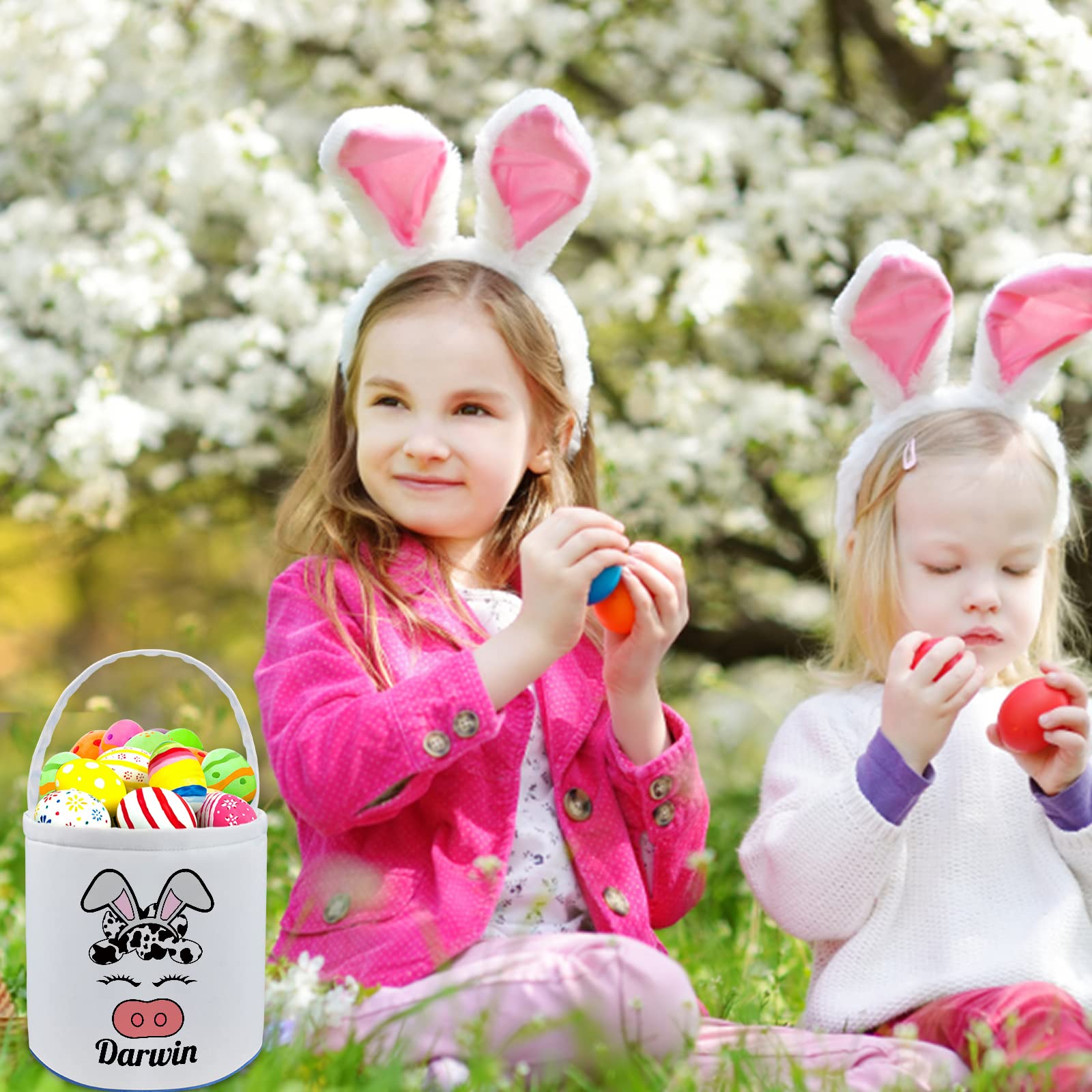 Personalized Buny Easter Basket with Name Custom Canvas Eggs Hunt Baskets for Candy Customized Tote Gift Bags for Boys Girls