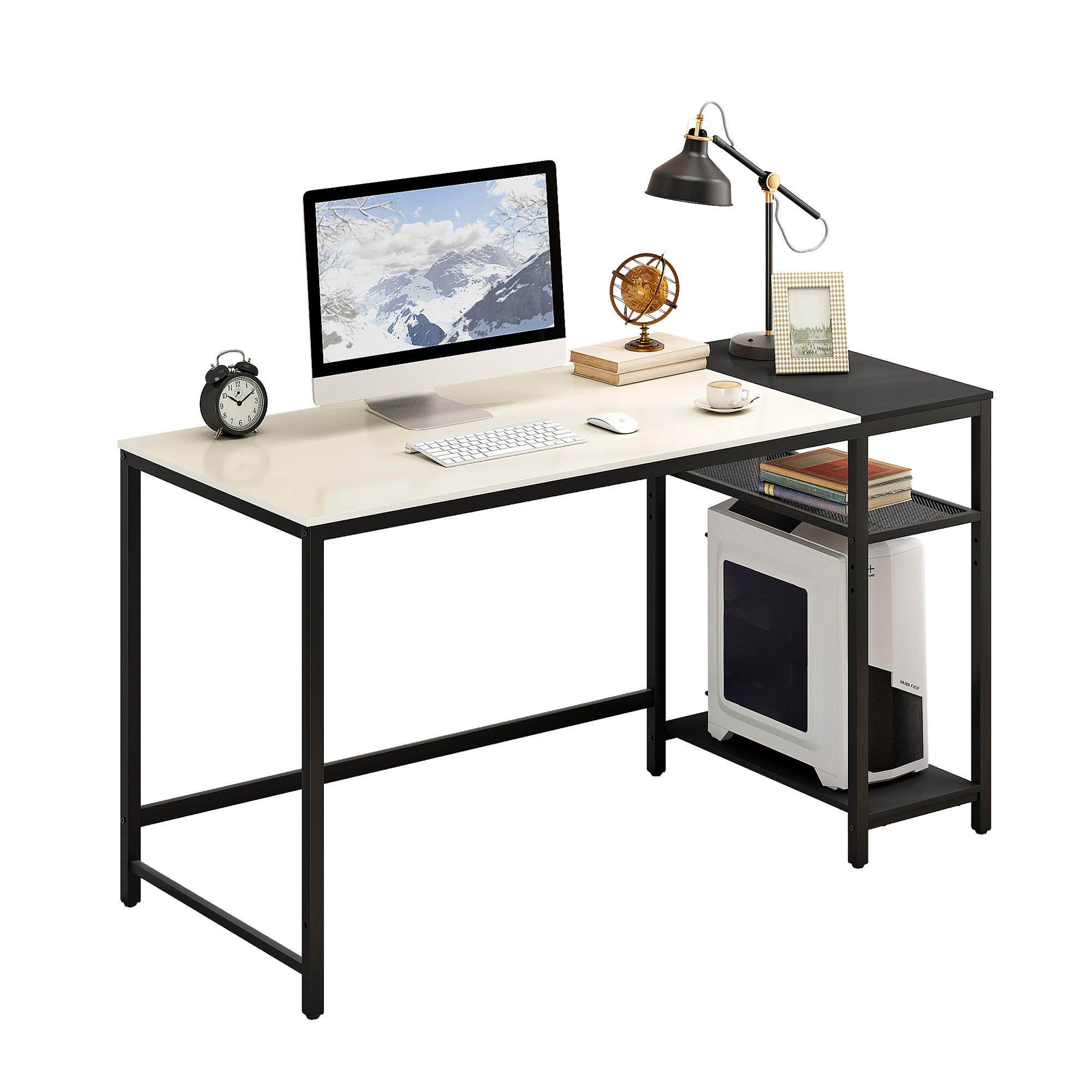 JEROAL 55 Inch Computer Desk with Shelves, Large Wooden Desk with 2 Storage Shelves, Industrial Study Writing Table for Home, Office and Study Room, White and Black Desktop with Black Metal Base