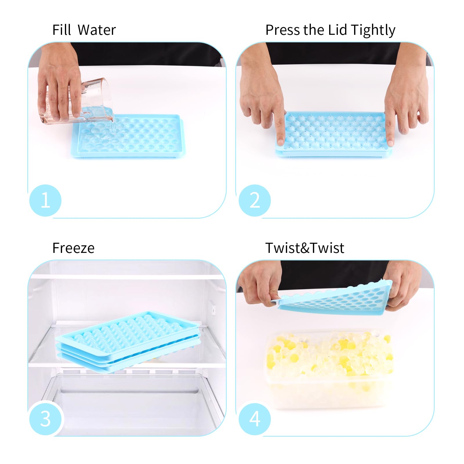 MiNi ice cube tray for freezer with Lid and Bin, 0.7inch Round ice trays 4 Packs 268PCS Tiny Ice Cube Tray Crushed ice tray for Chilling Drinks Coffee Juice (Blue)
