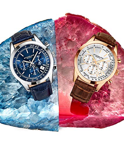 Stuhrling Original Mens Watches Chronograph Analog Silver Dial with Date Rose Gold Steel Case Tachymeter 24-Hour Subdial Mens Brown Leather Strap