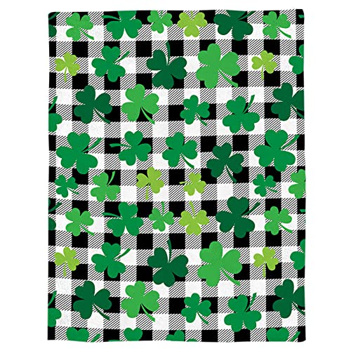 St. Patrick's Day Flannel Blanket,Soft Warm Cozy Flannel Fleece Throw Blanket, Lucky Shamrocks Black White Buffalo Plaid Fleece Blanket,Decorative Throw Blankets for Sofa Couch Bed, 39x49Inch