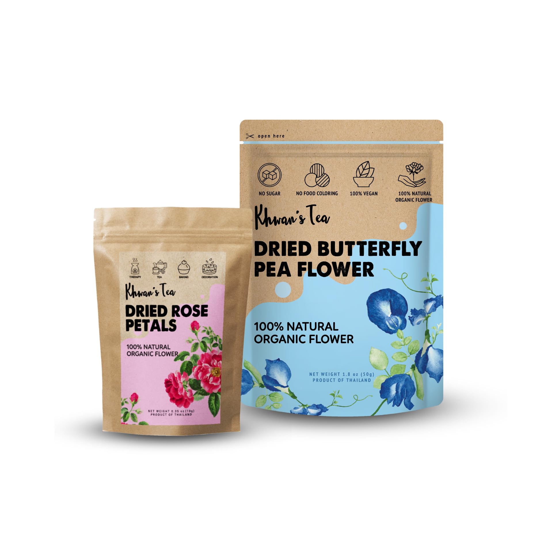 KHWAN'S TEA Pure Dried Butterfly Pea Flowers Blue Tea and Premium Dried Rose Petals