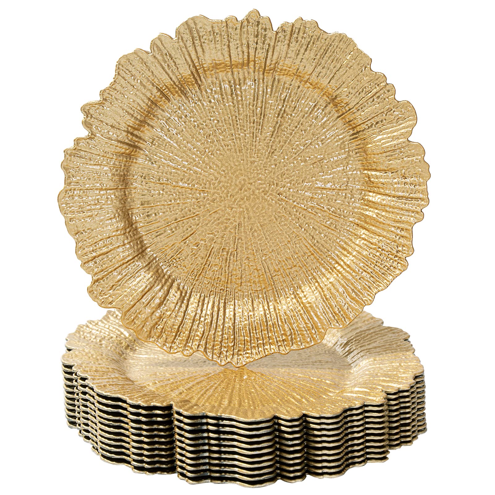 MAONAME Gold Charger Plates Set of 12, Reef Plate Chargers for Dinner Plates, Plastic Decorative Plates for Table Setting, Thanksgiving, Christmas
