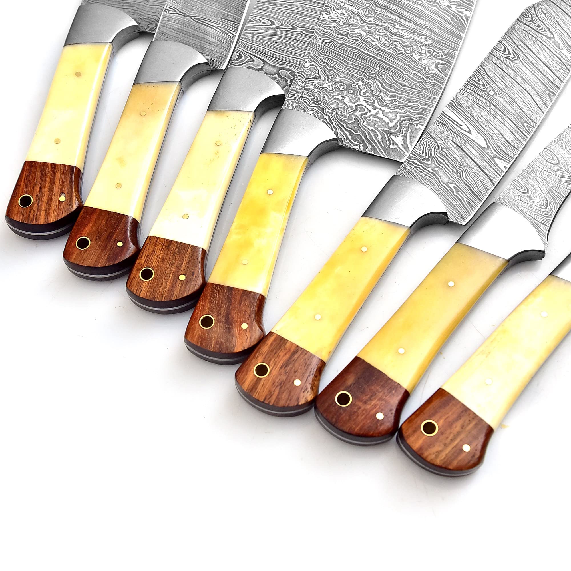Professional Handmade Damascus Kitchen Chef Knife Set with Bone handle and Damascus Steel Blade, Kitchen Knife set with Leather Roll Bag (1064)