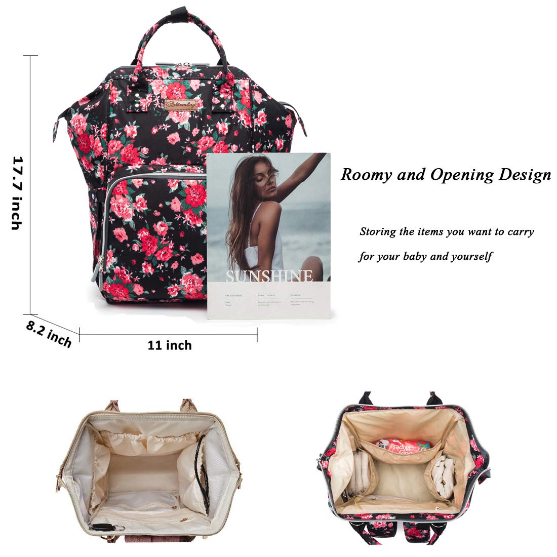 hopopower Diaper Bag Backpack, Diaper Bag with USB Charging Port for Mom & Dad, Large Multifunction Baby Nappy Changing Bags,Waterproof & Stylish, Floral