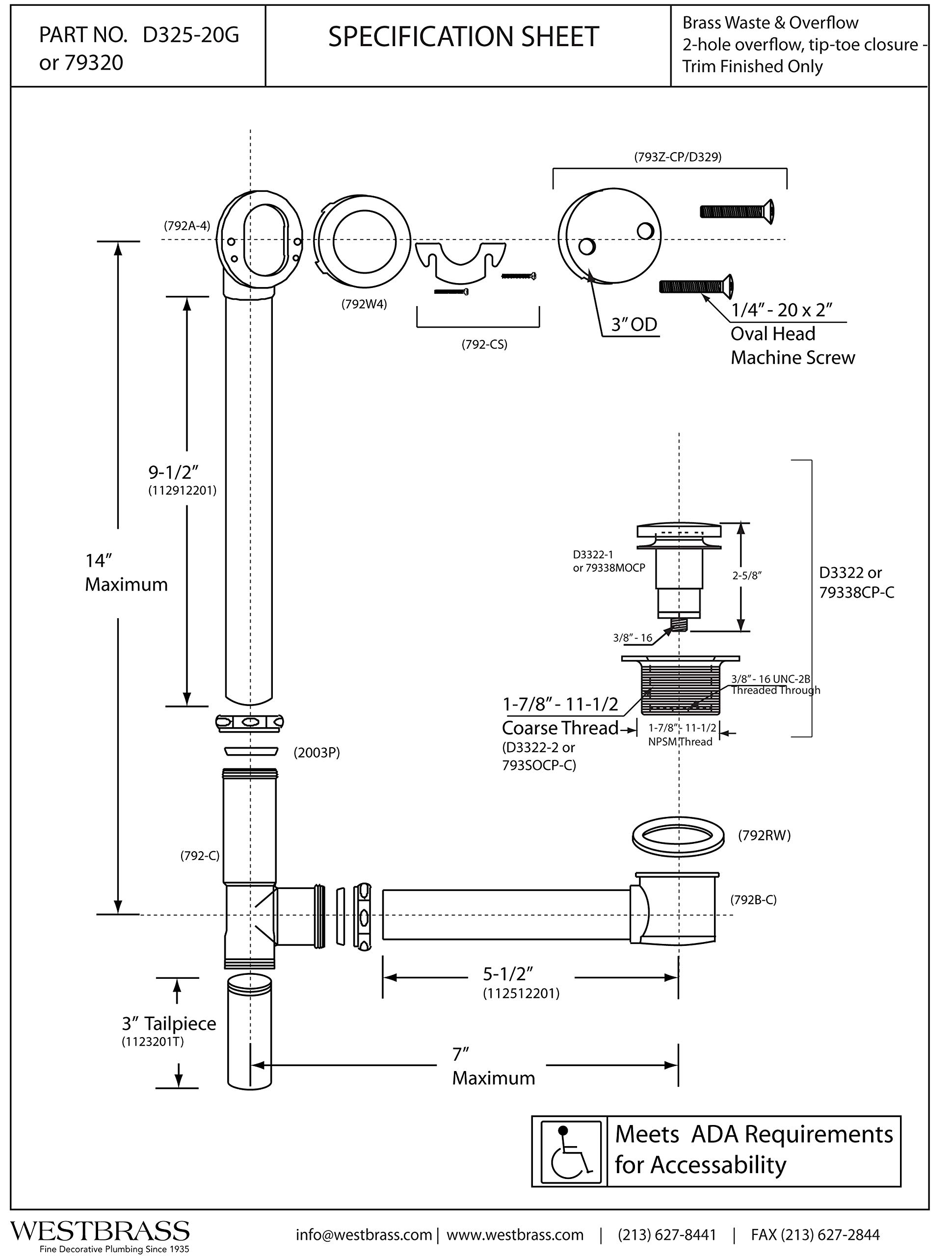 Westbrass D325-20G-12 14" 20 Gauge Brass Bath Waste & Overflow Assembly with Tip-Toe Drain Plug and 2-Hole Faceplate, Oil Rubbed Bronze