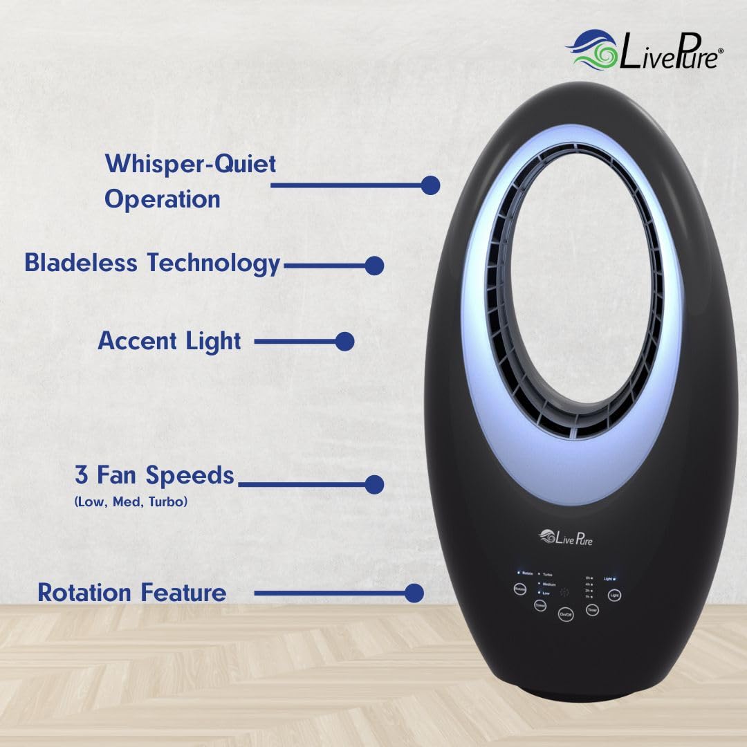 LivePure LP1500 Bladeless Oscillating Whole Room Fan. 3-Speed Adjustment, Touch Control, Quiet Cooling Fan. Stand Up Personal Fan for Bedroom, Office, Kitchen. Portable with 45-Degree Rotation. White