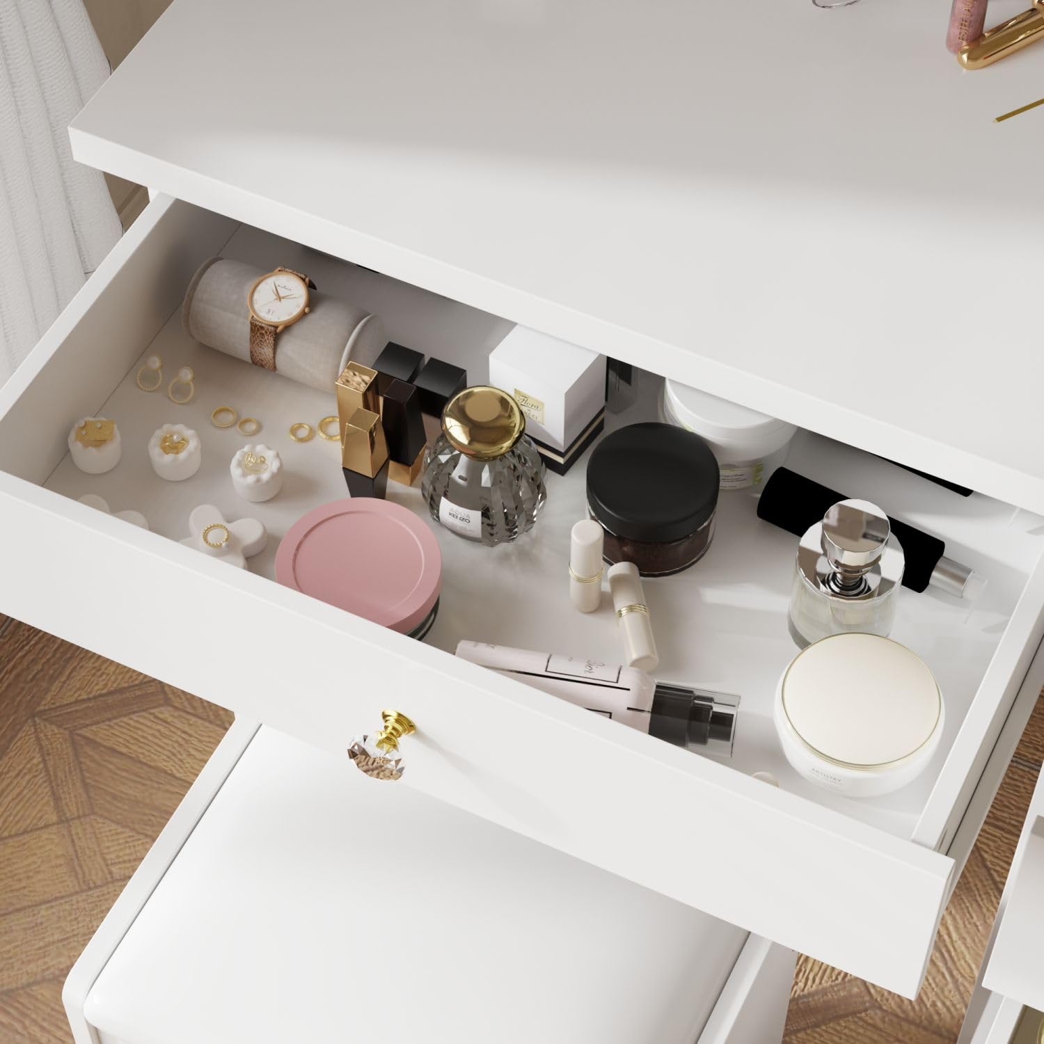 TAMUNE Vanity Desk with Sliding Mirror and Lights, Makeup Vanity with 5 Drawers & Shelves, Dressing Table with Crushed Diamond Lighted Mirror & Stool, Pink, 19.7”D x 39.4”W x 53.3”H