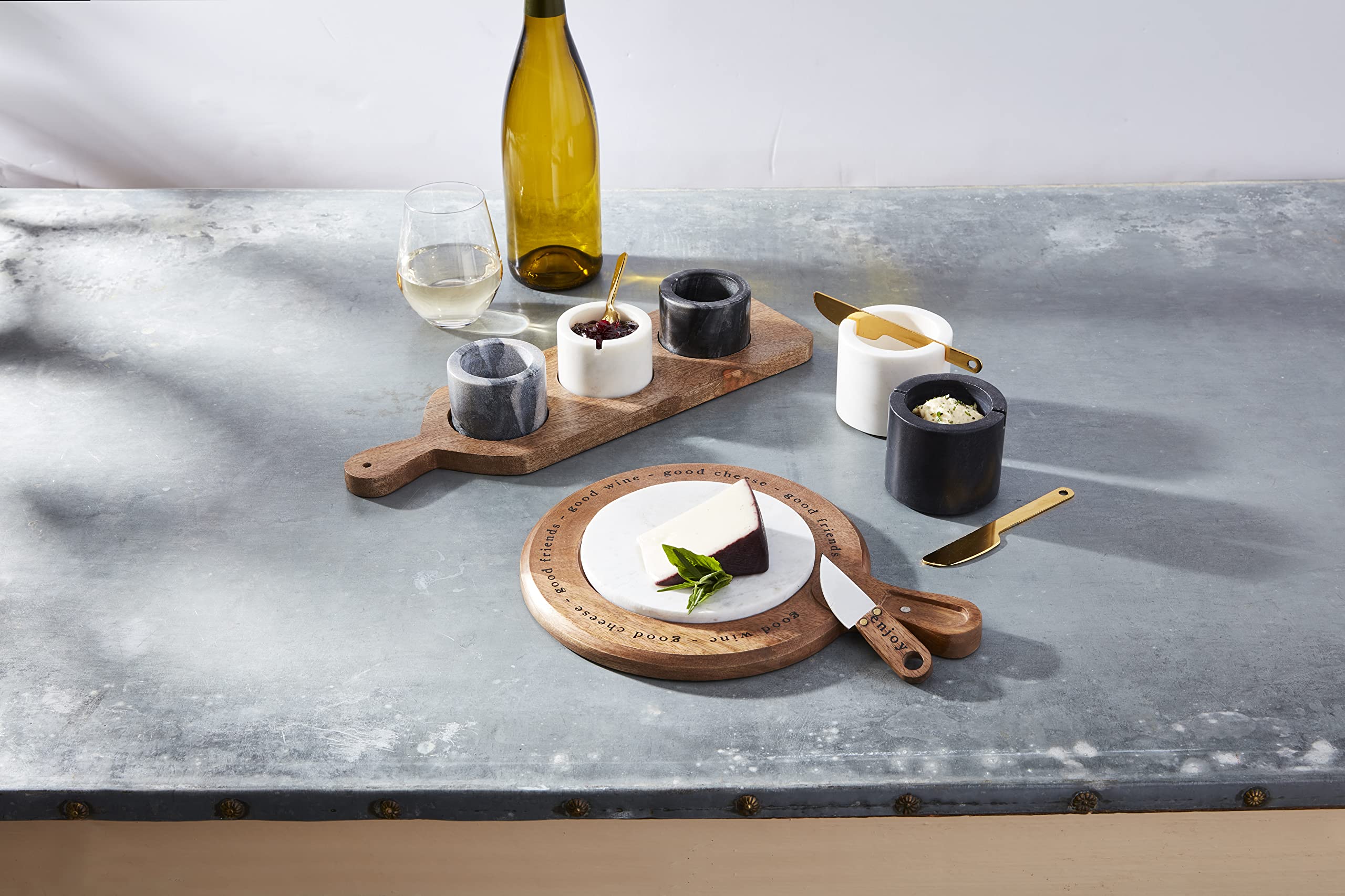 Mud Pie Marble Bowls On Tray Set, board 4 3/4" x 15 1/2", BLACK