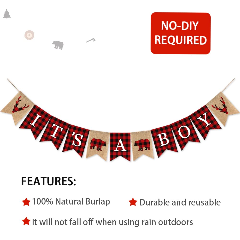 Lumberjack Theme Burlap Banner and It's a Boy Banner High Chair Banner for Baby Boy Photo Props Backdrop Decors