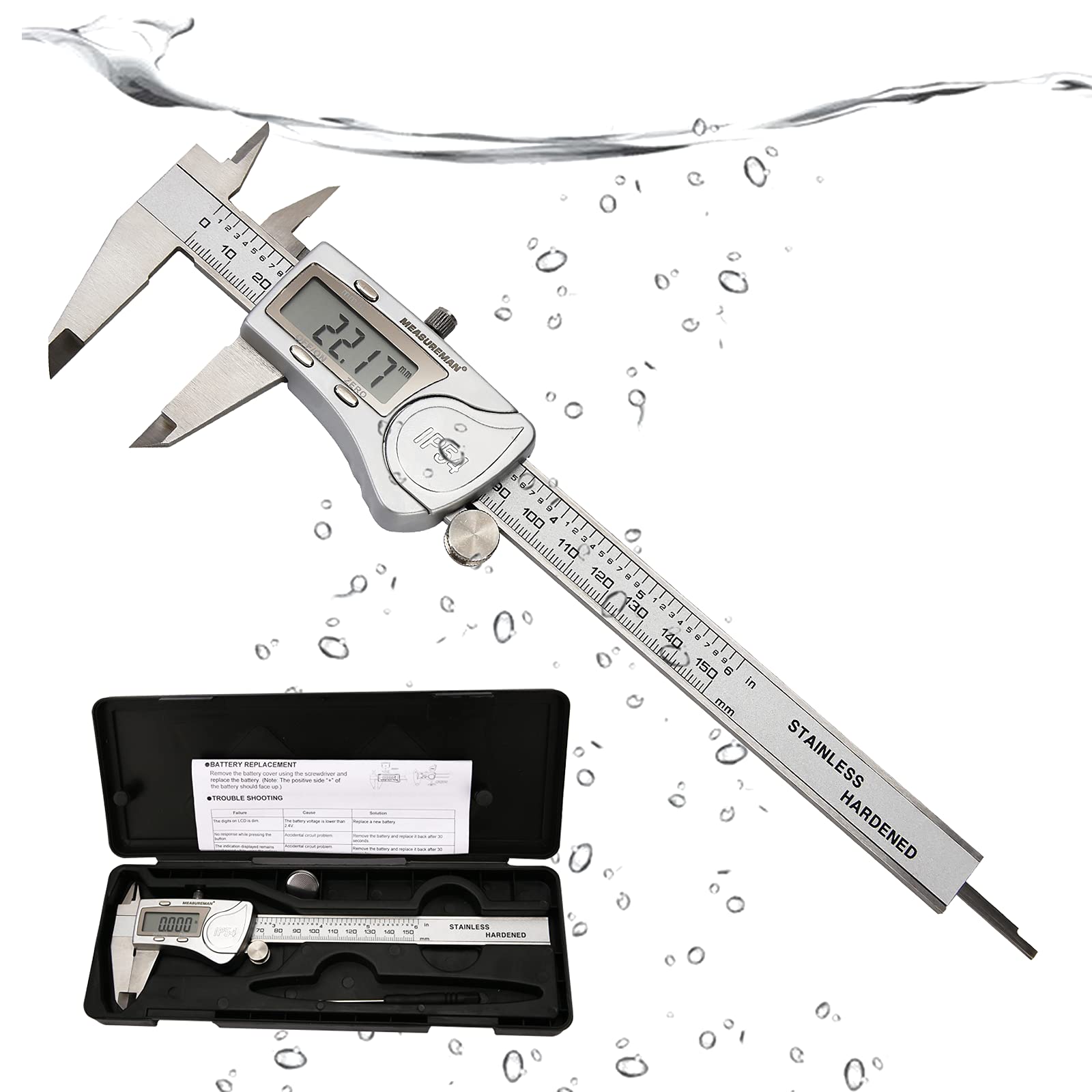 MEASUREMAN Electronic Digital Caliper Micrometer Measuring Tool Stainless Steel Vernier,IP54 Waterproof Protection Design,0-6 Inch/0-150 mm
