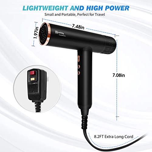 Nicebay Ionic Hair Dryer, Professional Blow Dryer with 3 Attachments, 110000RPM High-Speed Brushless Motor for Fast Drying, Lightweight, Low Noise, 1600W Hairdryer with Diffuser