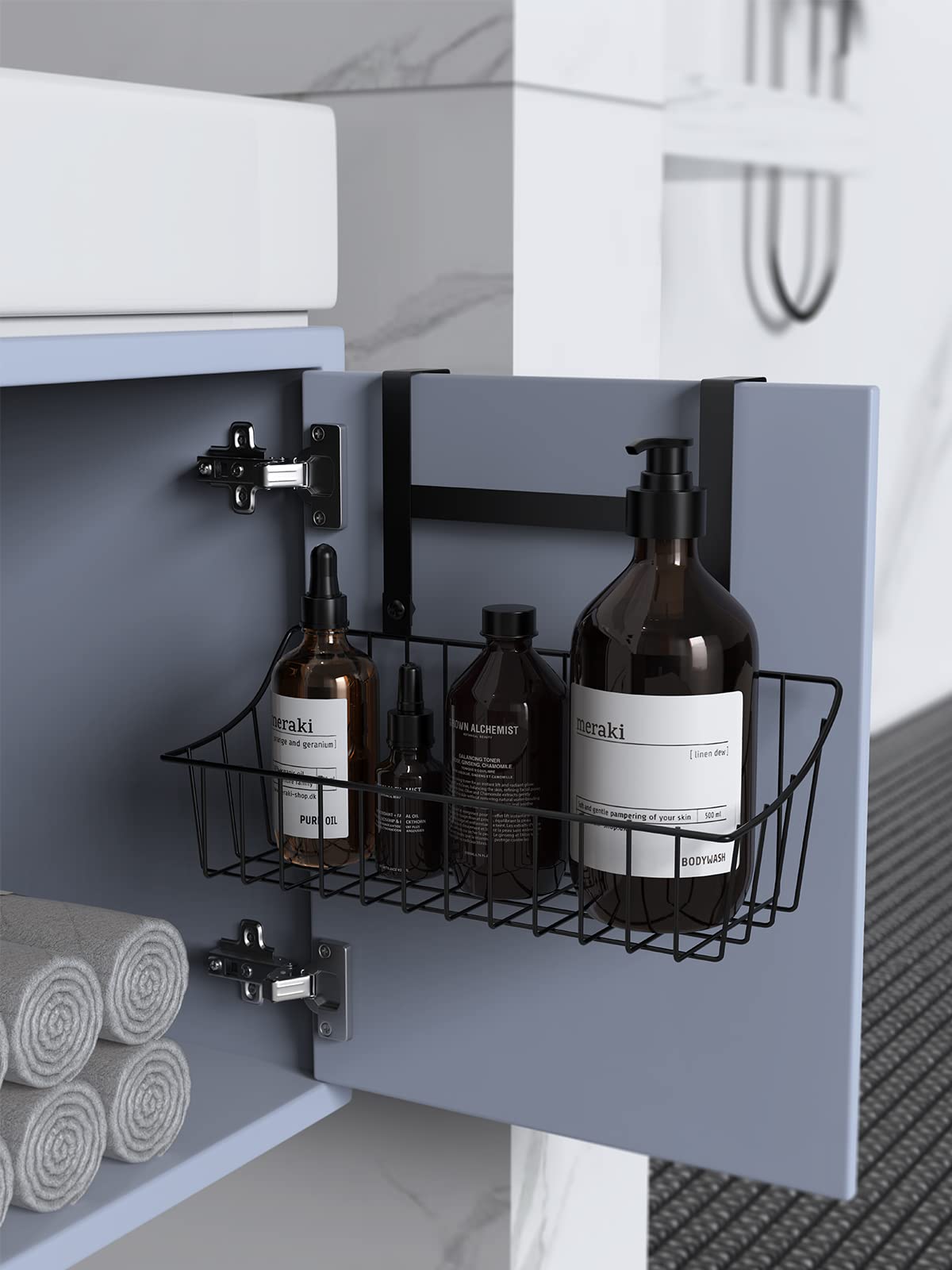 MaraFansie Grid Storage Basket, Over the Cabinet Door Organizer, Wire Hanging Basket with Hook Over the Cabinet/Railing, Under Sink Kitchen Cabinet, Pantry, Bathroom, Small, Black, 2 Pack
