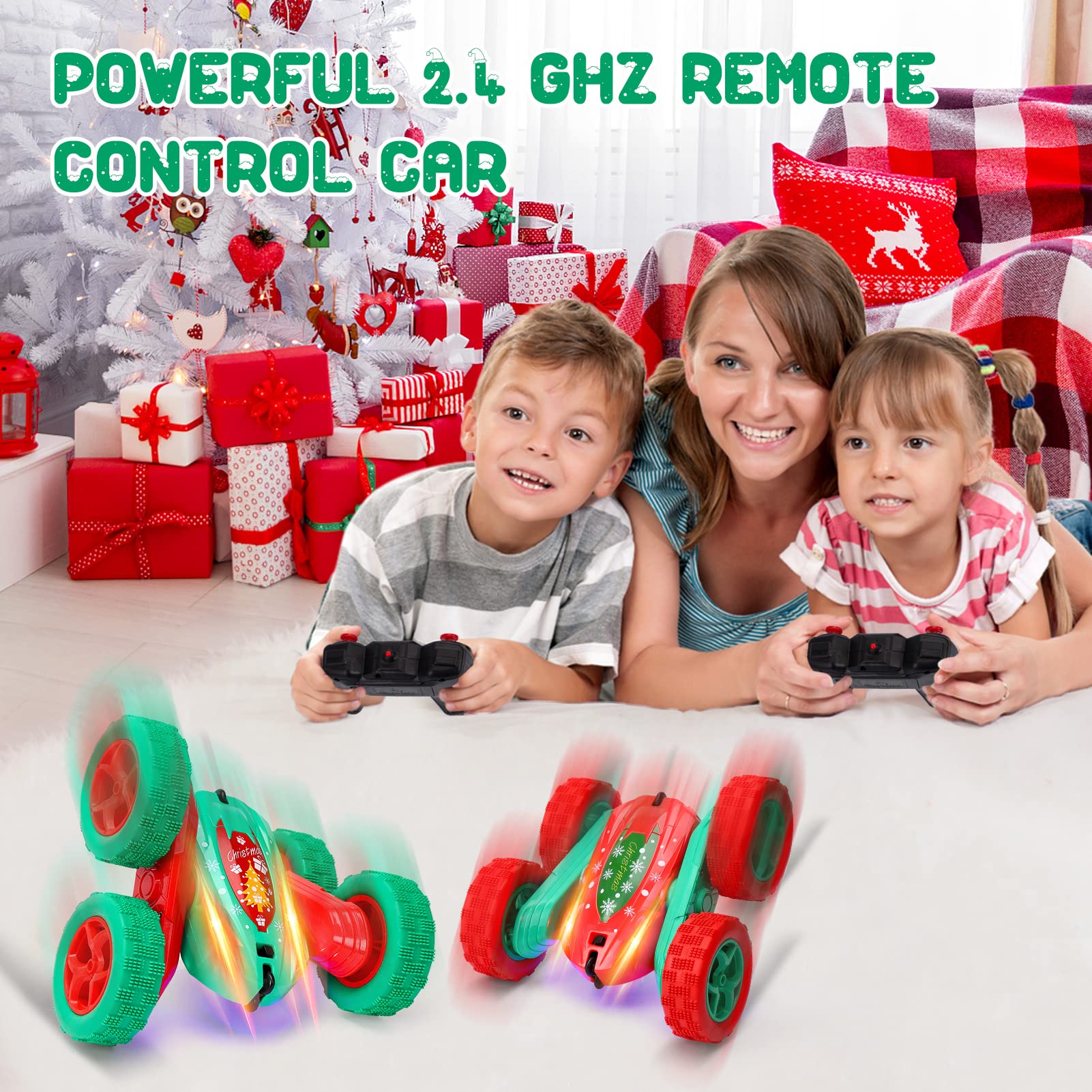 Lumiparty 2PACK Remote Control Car RC Stunt Car for Kids,2.4Ghz High Speed Rock Crawler Vehicle,360 Rotating 4WD Off Road Double Sided Rotating Tumbling with 4 Rechargeable Battery.