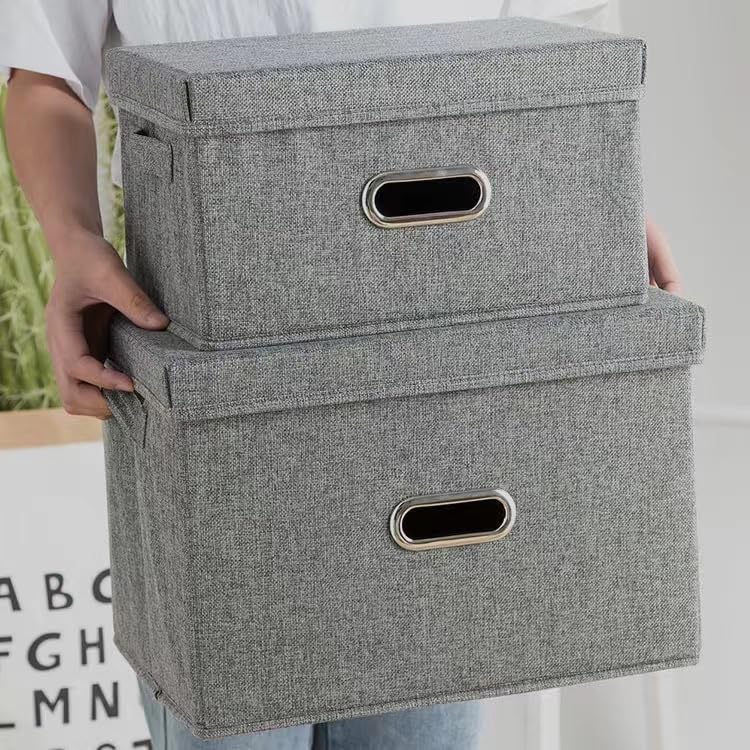 tarfarkar Cotton and Linen Fabric Storage Box, Foldable, Covered, Large