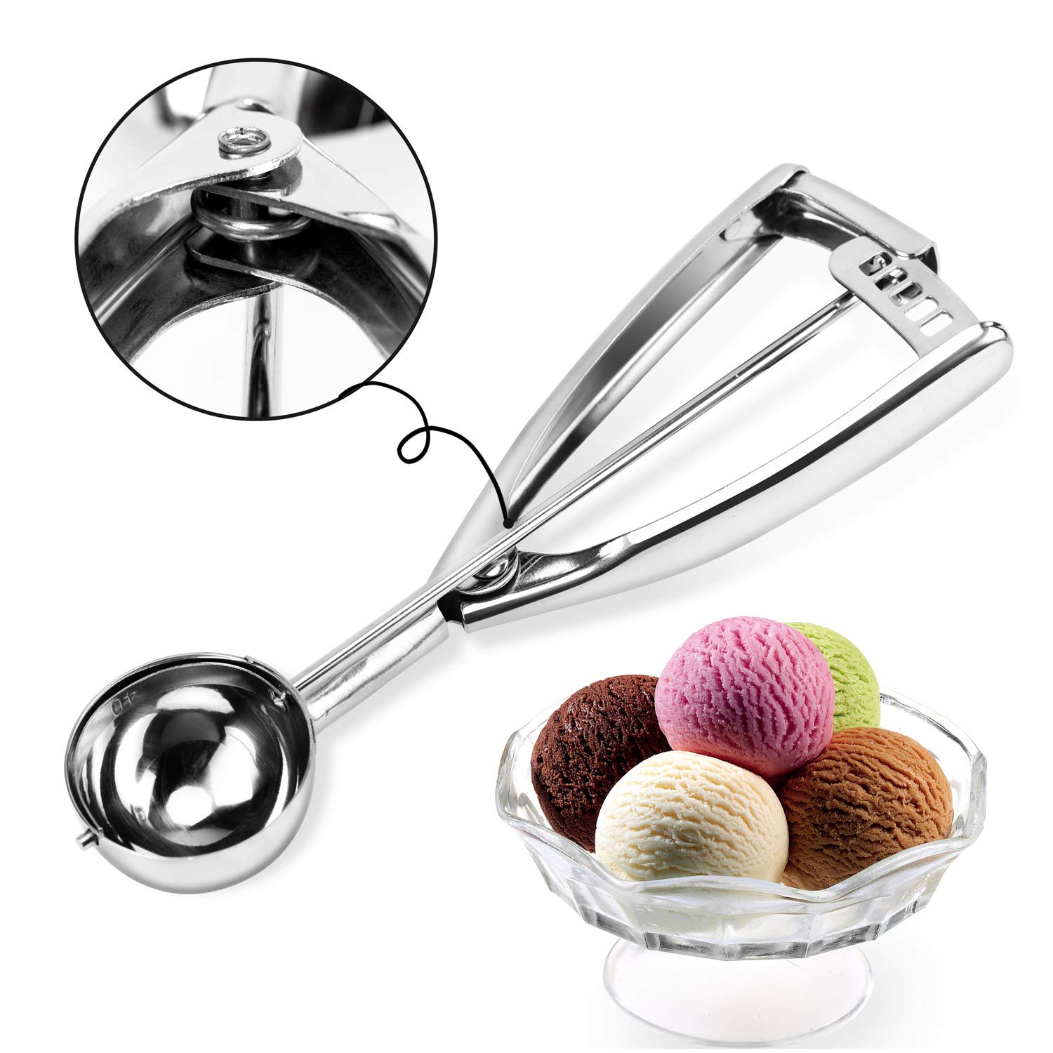 Ice Cream Scoop with Trigger Set of 3, 18/8 Stainless Steel Metal Small Medium Large Cookie Dough Scoop for Baking Melon Ball Cupcakes 1+1.5+2 Tablespoon
