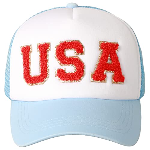 MIRMARU Retro Foam Mesh Trucker hat Trendy Design Summer Baseball Cap for Womens (US, Alpha, One Size, USA Chenille Glitter - Light Blue)
